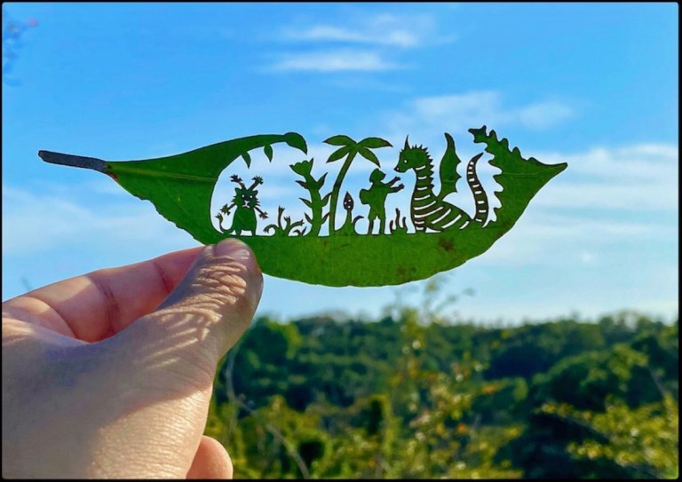 Kirie Artist Carves Playful Narratives Into Tree Leaves- Nisha Designs